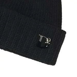 Dsquared2 Knit Beanie With Silver Chrome And Patent Leather "d2" Appliqu