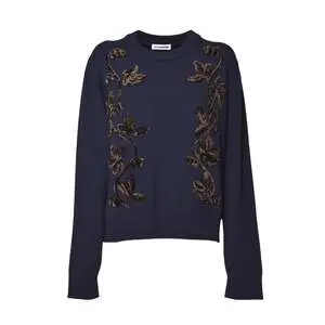 JIL SANDER Blue Crew Neck Sweater With Embroidered Floral Detail