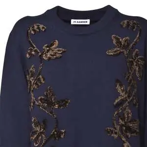 JIL SANDER Blue Crew Neck Sweater With Embroidered Floral Detail