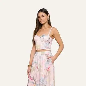 L'Agence L'AGENCE Sonya Tropical Print Bustier Top Light Pink Multi Colorful Palm