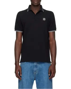 Stone Island Logo Patch Buttoned Polo Shirt - Black