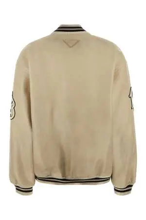 Prada Leather Bomber Jacket With Patch Embellishments - Ivory