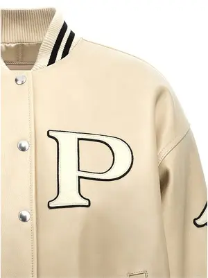 Prada Leather Bomber Jacket With Patch Embellishments - Ivory