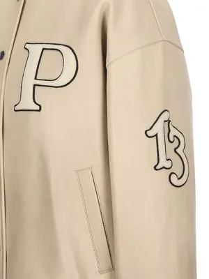 Prada Leather Bomber Jacket With Patch Embellishments - Ivory