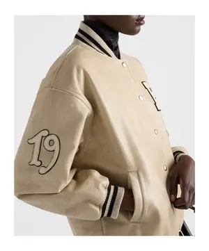 Prada Leather Bomber Jacket With Patch Embellishments - Ivory