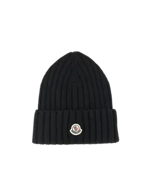 Moncler Logo Patch Ribbed Beanie - Black
