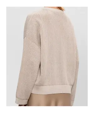 Brunello Cucinelli Ribbed Crew Neck Long Sleeve Sweater - Beige