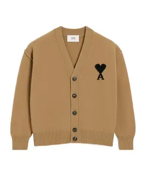 AMI Paris De Coeur V-neck Cardigan - Camel/black