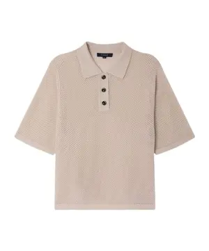 Soeur Short-sleeved Openwork Mesh Polo Shirt - Nude