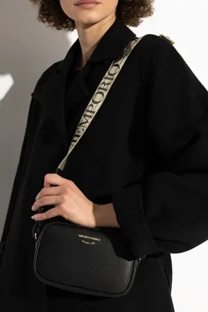Emporio Armani Textured Leather Shoulder Bag With Logo Strap - Black