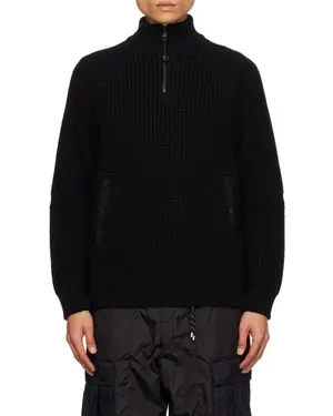 Moncler Wool Jumper With Zipper Detail And Elbow Logo Patch