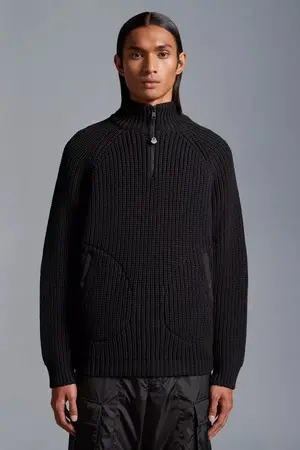 Moncler Wool Jumper With Zipper Detail And Elbow Logo Patch