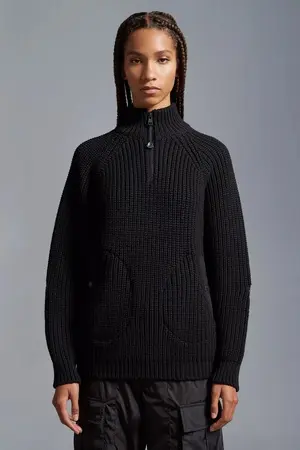 Moncler Wool Jumper With Zipper Detail And Elbow Logo Patch