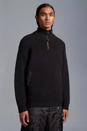 Moncler Wool Jumper With Zipper Detail And Elbow Logo Patch