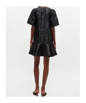 GANNI Satin Cloqué Mini Dress With Puff Sleeves And Ruffled Hem - Black