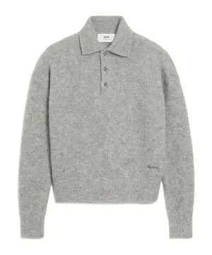 AMI Paris Logo Embroidered Long-sleeved Polo Shirt - Gray