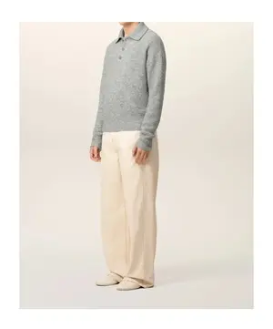 AMI Paris Logo Embroidered Long-sleeved Polo Shirt - Gray