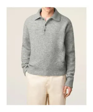 AMI Paris Logo Embroidered Long-sleeved Polo Shirt - Gray