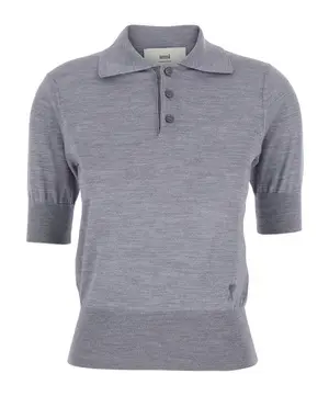 AMI Paris Short-sleeve Polo Top With Ribbed Accents - Grey
