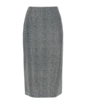Ermanno Scervino Herringbone Patterned Midi Skirt With Rhinestone Embellishment - Gray