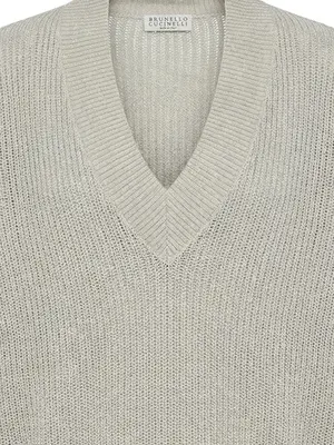 Brunello Cucinelli V-neck Ribbed Long Sleeve Sweater - No