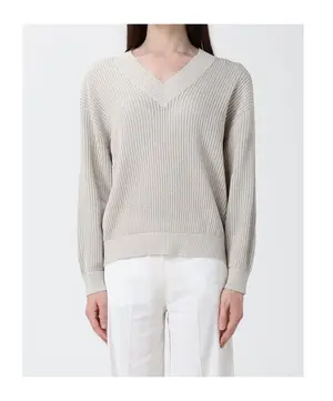 Brunello Cucinelli V-neck Ribbed Long Sleeve Sweater - No