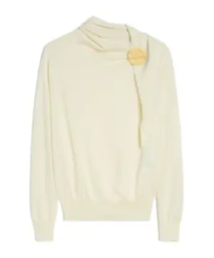 JIL SANDER Draped Neck Knitted Jumper With Jeweled Brooch - Eggshell