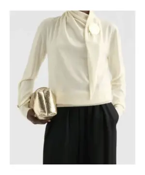 JIL SANDER Draped Neck Knitted Jumper With Jeweled Brooch - Eggshell