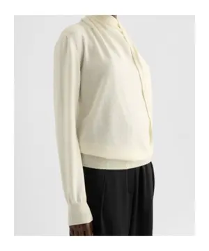 JIL SANDER Draped Neck Knitted Jumper With Jeweled Brooch - Eggshell