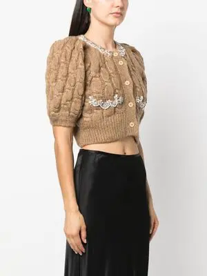 Simone Rocha Cable-knit Cropped Cardigan With Embellishments