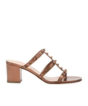 Valentino Garavani Rockstud Metallic Calfskin Leather Slide Sandal - Brown