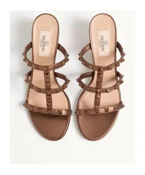 Valentino Garavani Rockstud Metallic Calfskin Leather Slide Sandal - Brown