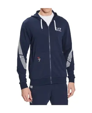 EA7 Hooded Zipper Hoodie With Logo Detail - Blue