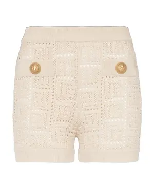Balmain Monogrammed Openwork Knit Mini Shorts - Nude
