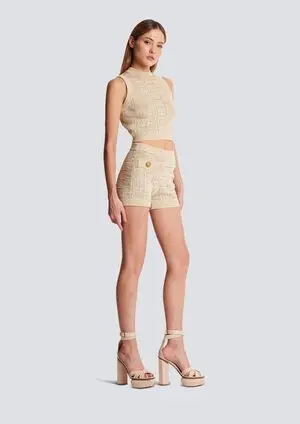 Balmain Monogrammed Openwork Knit Mini Shorts