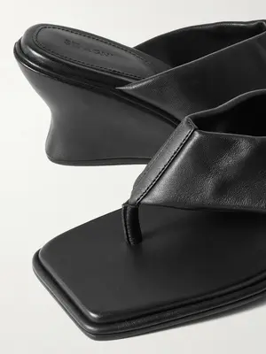 ST. AGNI Leather Wedge Sandals With Square Toe - Black