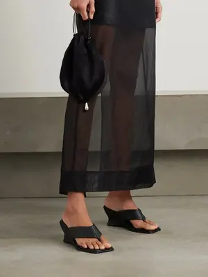 ST. AGNI Leather Wedge Sandals With Square Toe - Black