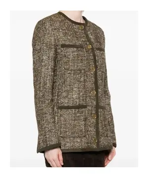 GOLDEN GOOSE Textured Crewneck Buttoned Tweed Jacket - Brown