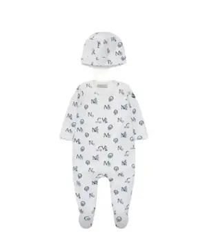 Moncler All-over Patterned Crewneck Rompers And Beanie Set - White/blue
