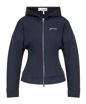 GANNI Logo Embroidered Zip Hoodie - Navy Blue