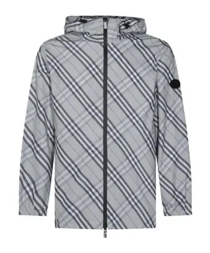 Burberry Checked Hooded Jacket With Logo Patch - Gray