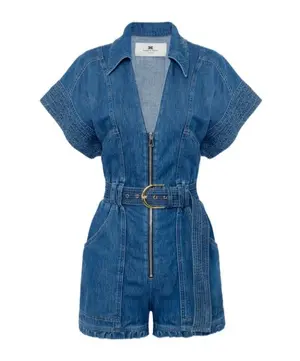 Elisabetta Franchi Denim Romper With Belt - Blue