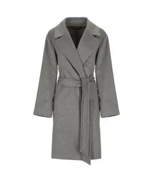 Max Mara Belted Long-sleeved Coat With Lace Detailing - Gray