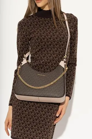 Michael Kors Monogram Pattern Satchel Bag With Chain Strap - Brown