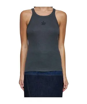 Fendi Sleeveless Ribbed Top With Logo Embroidery - Grey