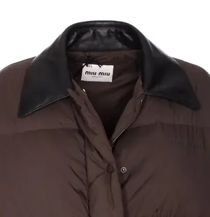 Miu Miu Quilted Down Jacket With Leather Collar - Brown