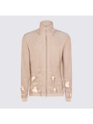 MAISON MARGIELA Ribbed Knit Distressed Cardigan - Camel