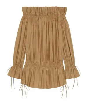 Saint Laurent Gathered Off-shoulder Mini Dress - Beige