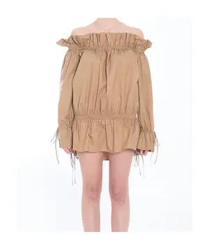 Saint Laurent Gathered Off-shoulder Mini Dress - Beige