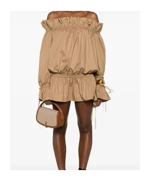 Saint Laurent Gathered Off-shoulder Mini Dress - Beige